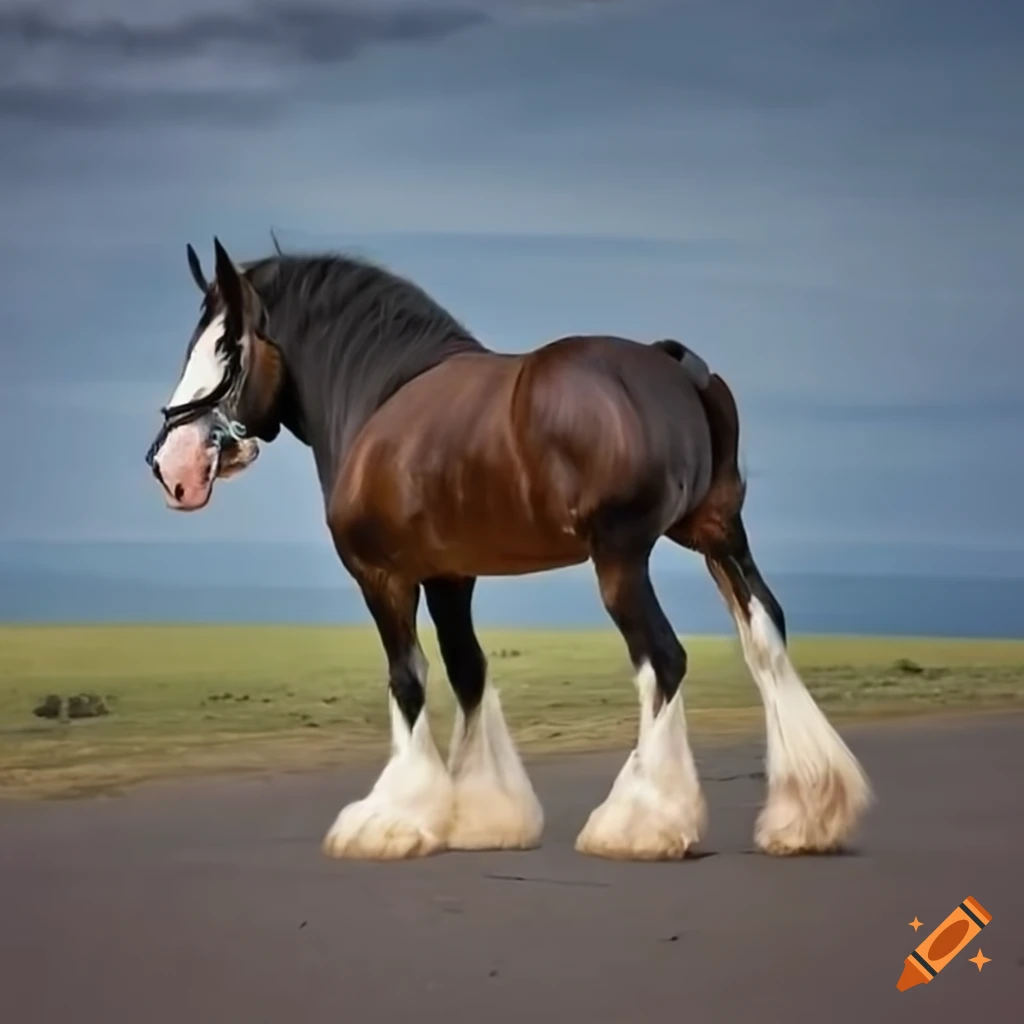 Proud Shire horse with gracefully swept tail in stunning rear view on ...