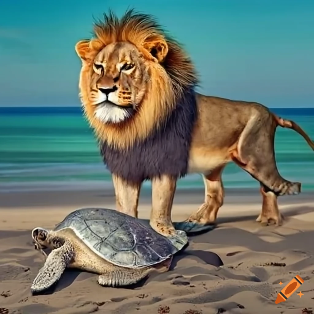 Lion and sea turtle defending a beach on Craiyon