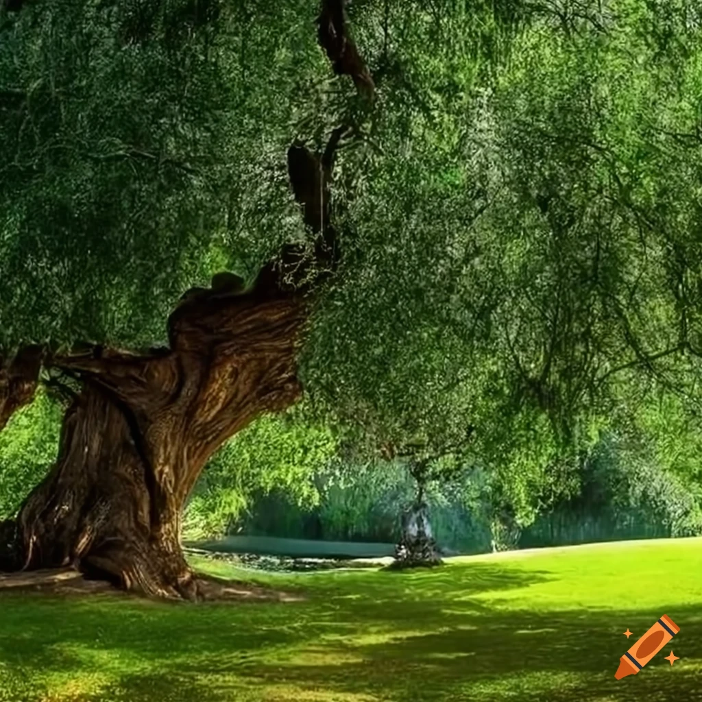 Blissful oasis with a swing under an olive tree by a babbling brook on ...