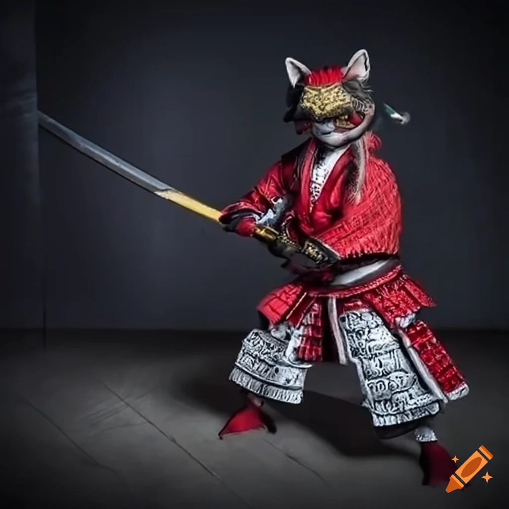 Samurai kitty engaged in a sword fight on Craiyon