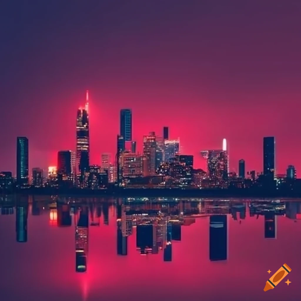 Stunning red-lit skyline buildings at night on Craiyon