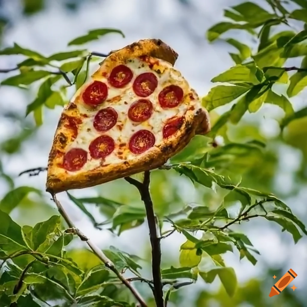 Pizza tree with slices growing on branches in analog photography on Craiyon