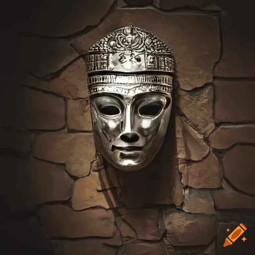 Person in engraved silver mask and kaftan standing in front of a stone ...