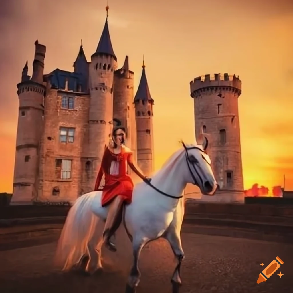 Bride on white horse in front of a castle at sunset on Craiyon