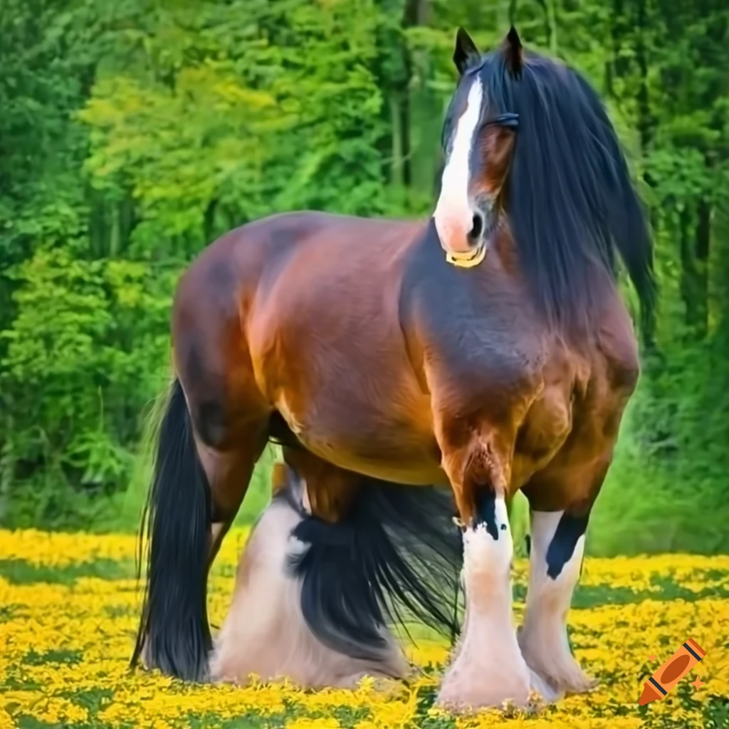 Side view of shire horse in a green meadow with forest in the ...