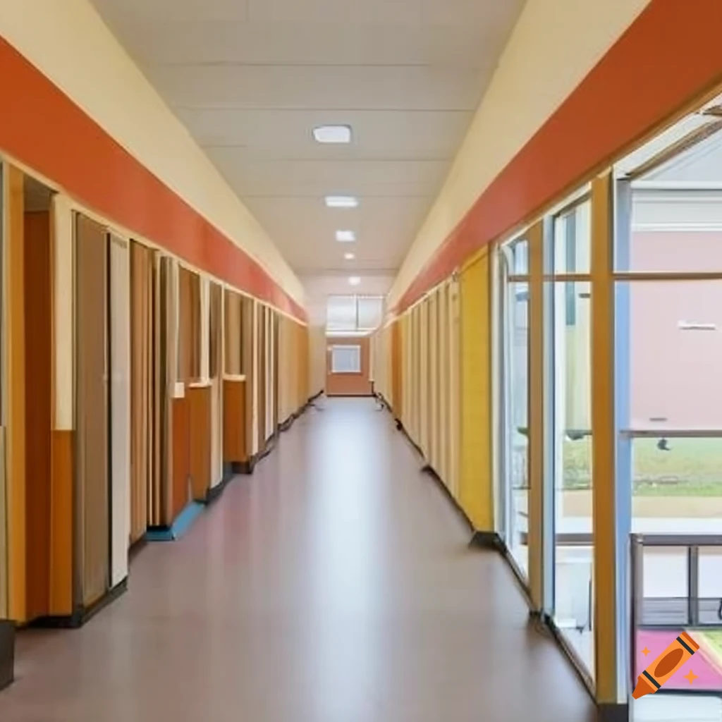 School corridor with classrooms and a central hall on Craiyon