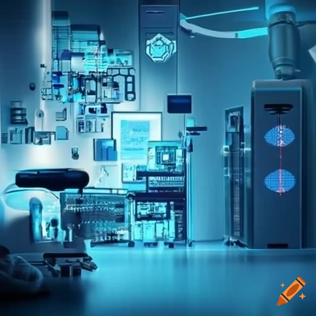 Illustration of technology improving healthcare efficiency on Craiyon