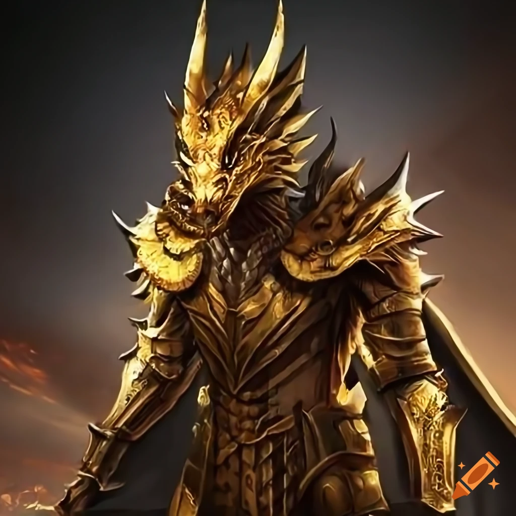 Realistic high-resolution dragon in golden armor with a sword on Craiyon