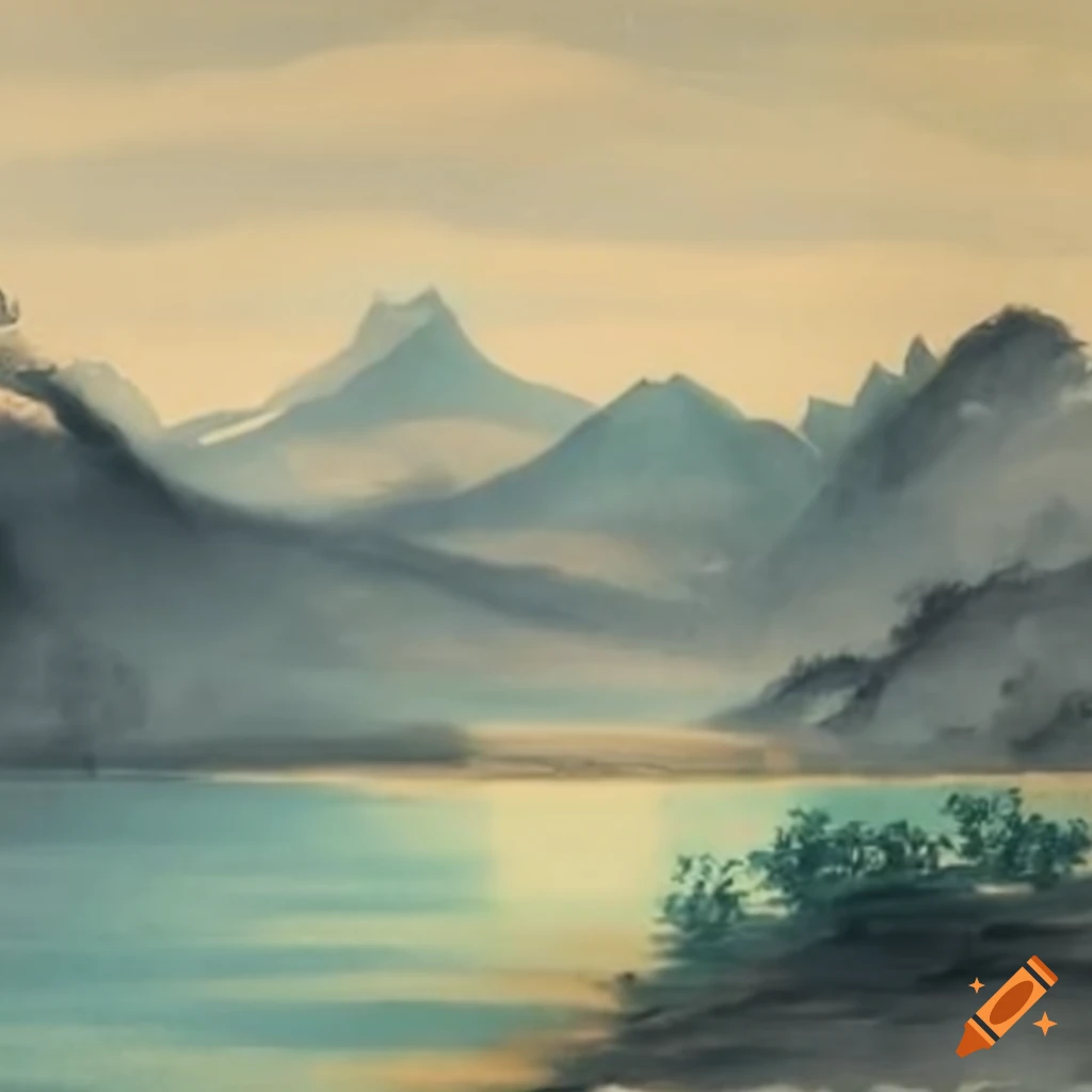 Chinese ink painting of a quiet lake with a fishing old man and ...
