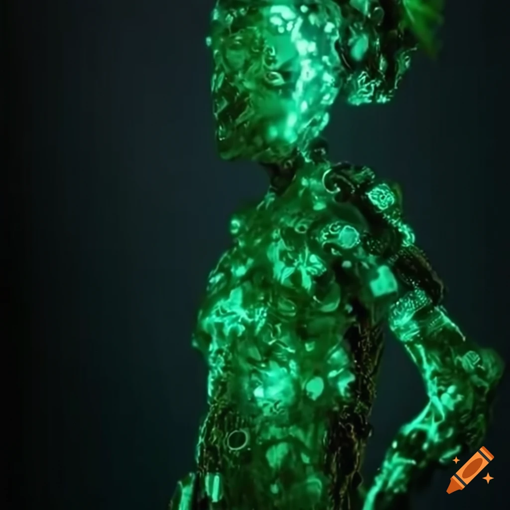 High-tech biopunk cyborg covered in glowing moss in a futuristic ...