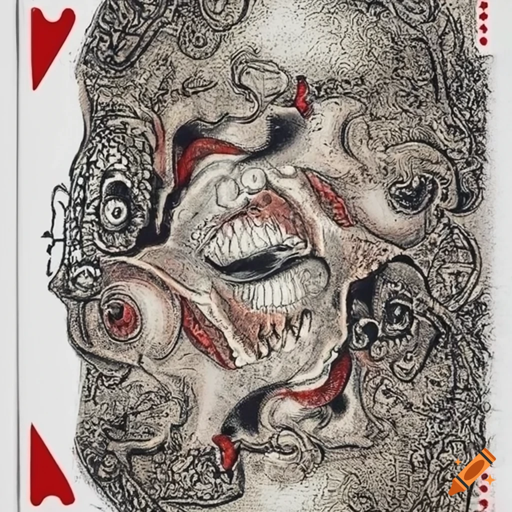 Surrealist bizarre joker playing card with unique motifs and textures ...