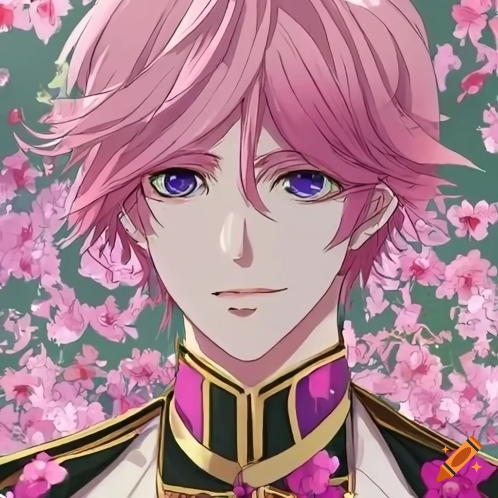 Anime pink-haired prince in a forest of flowers on Craiyon