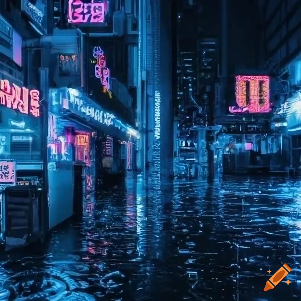 Cyberpunk vibe of retro buildings and advanced tech illuminated by neon ...