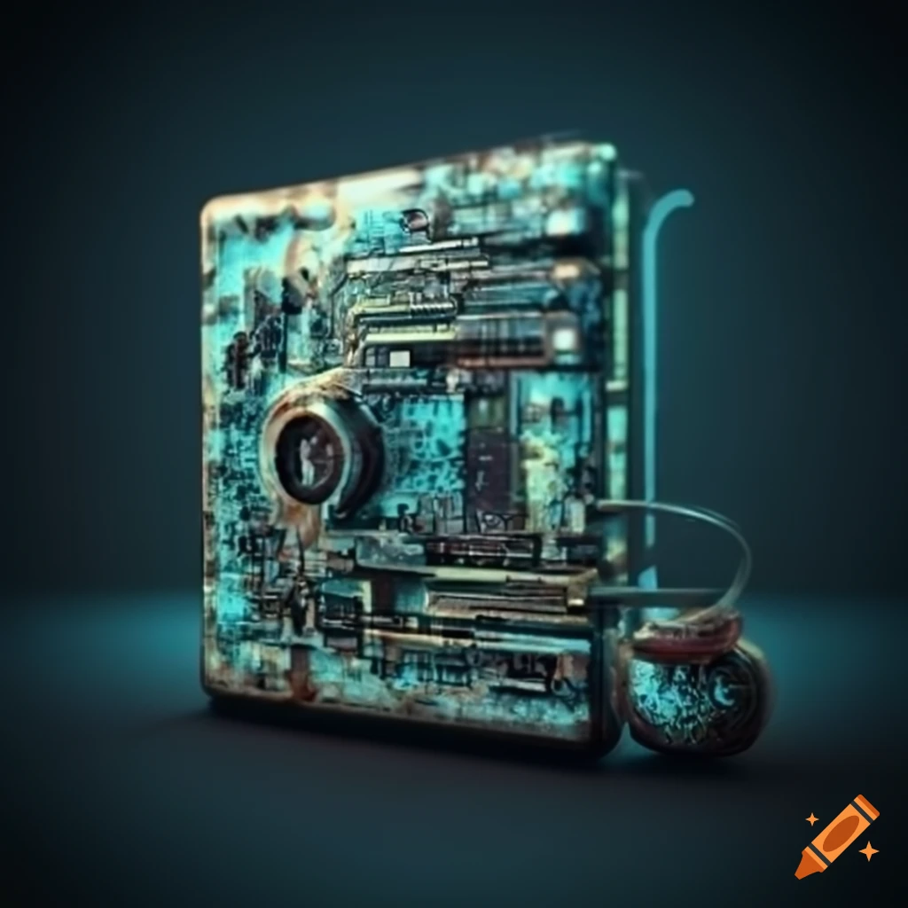 3d old metal curved circuit board in a post-apocalyptic setting on Craiyon