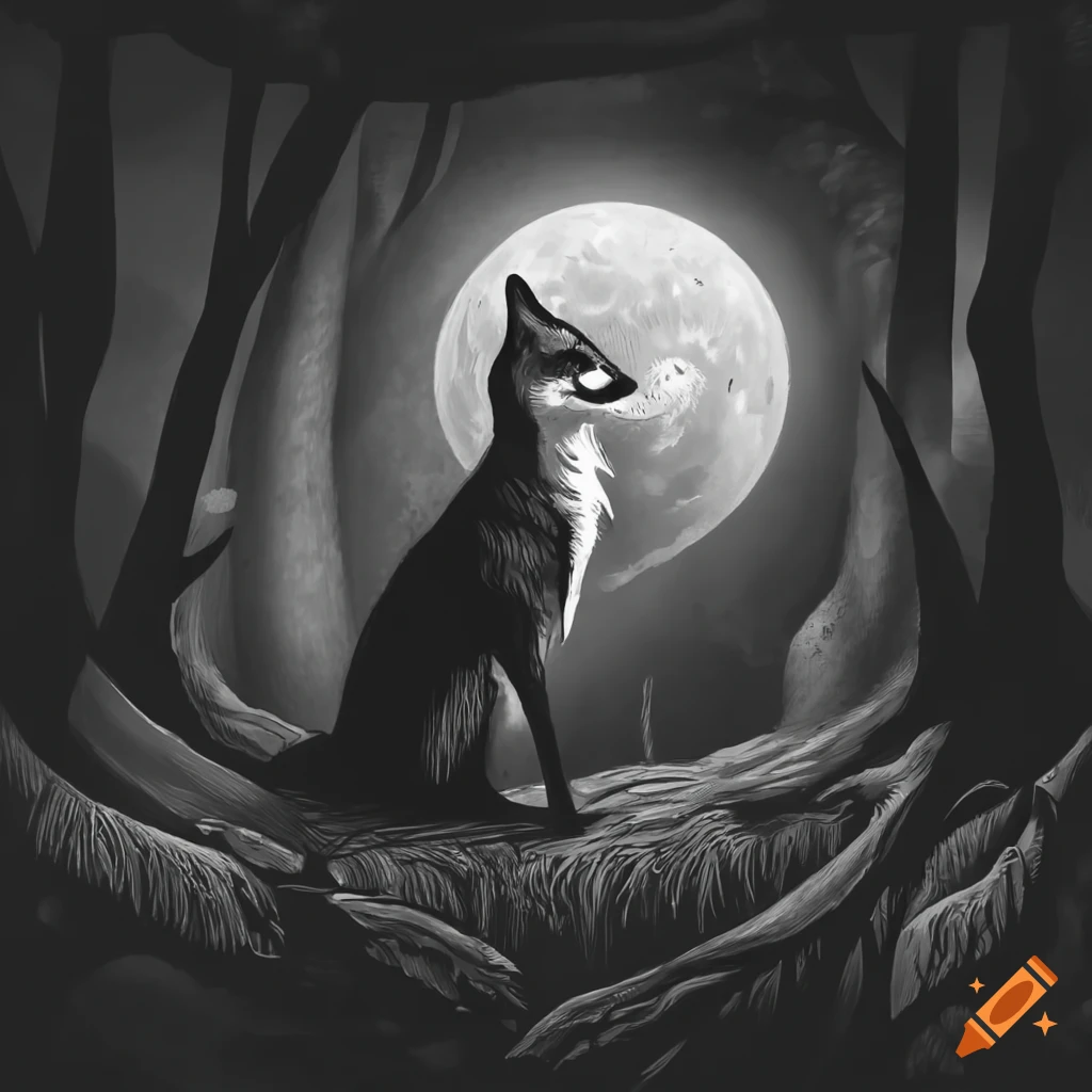 Fox in a spooky forest clearing under the moonlight in a black and ...