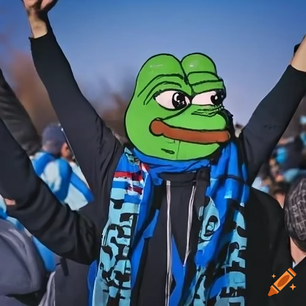 Football ultras crowd with Pepe the frog wearing a sky blue and black ...