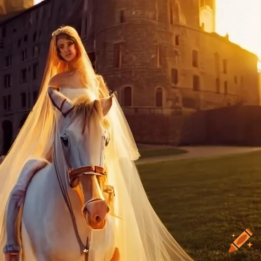 Bride in wedding dress riding on white horse in front of a castle at ...