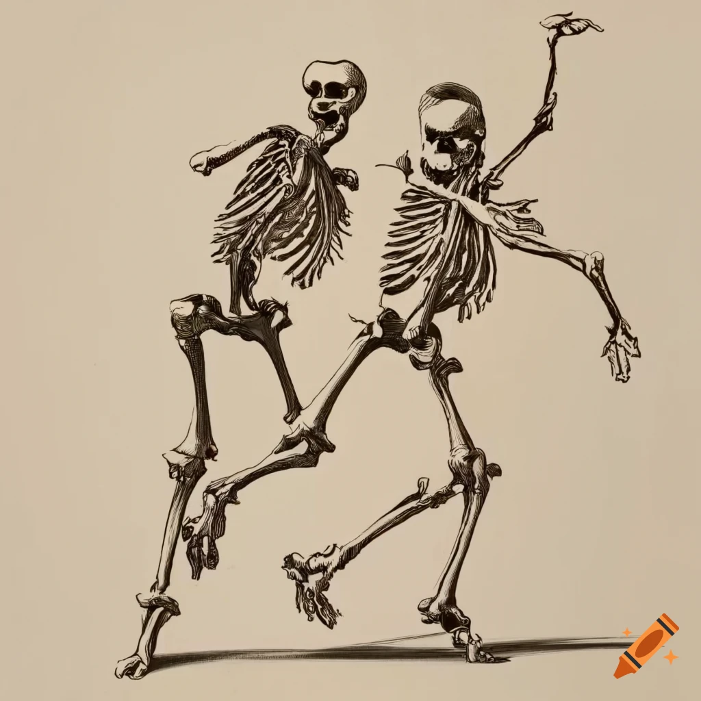 Line drawing of 5 dancing skeletons in a danse macabre on Craiyon