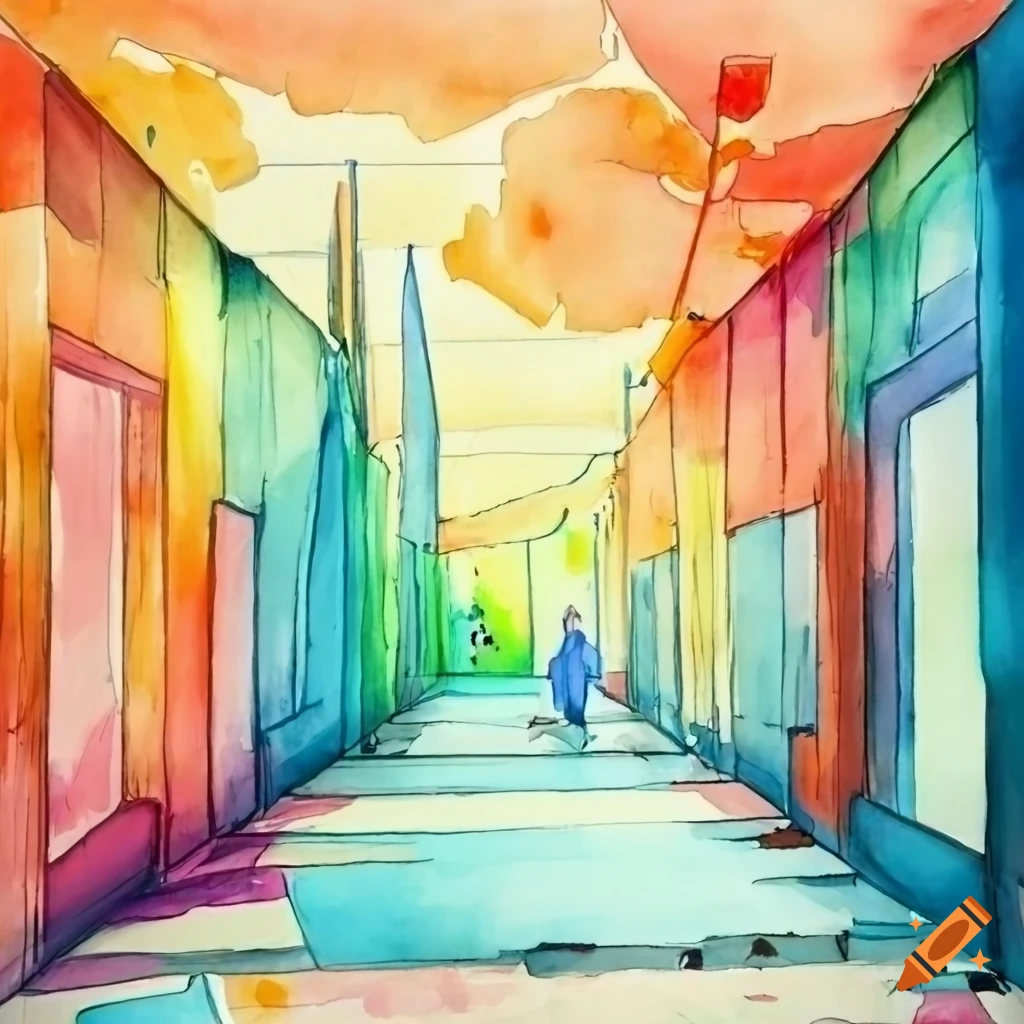 Perspective view of a school campus art corridor in watercolor on Craiyon
