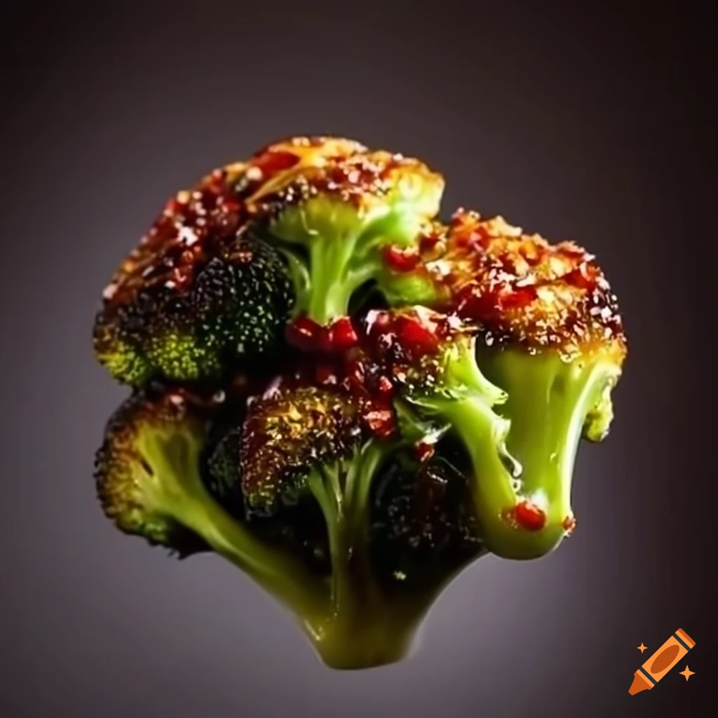 Candied caramel broccoli with red pepper flakes on Craiyon