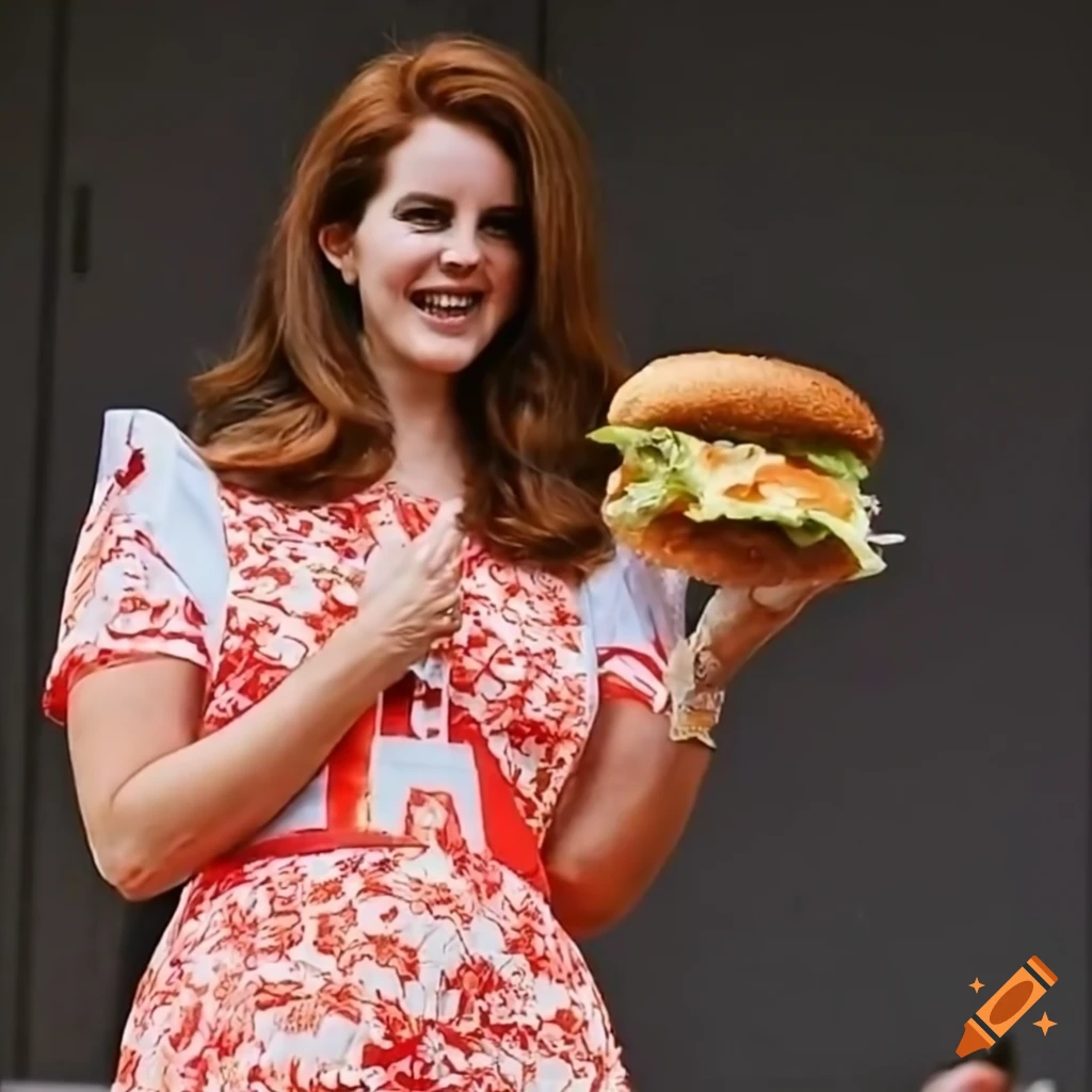 Singer lana del rey in front of a fast food restaurant on Craiyon