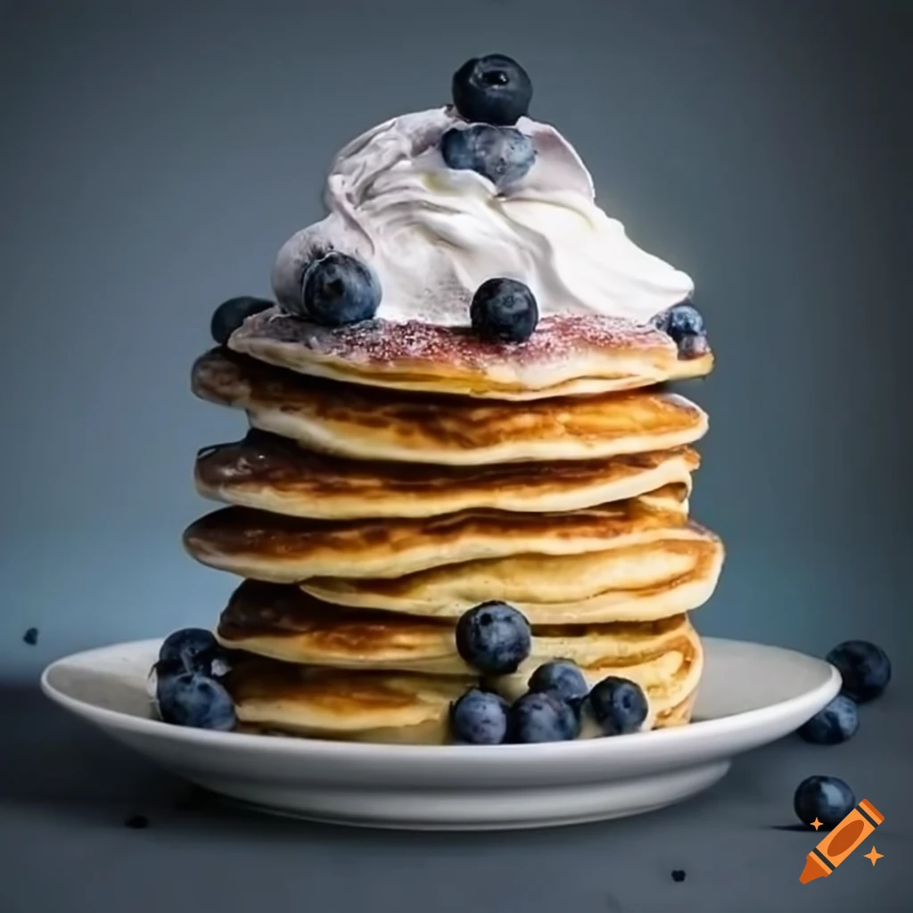 Delicious blueberry pancakes with icing sugar and mint garnish on Craiyon