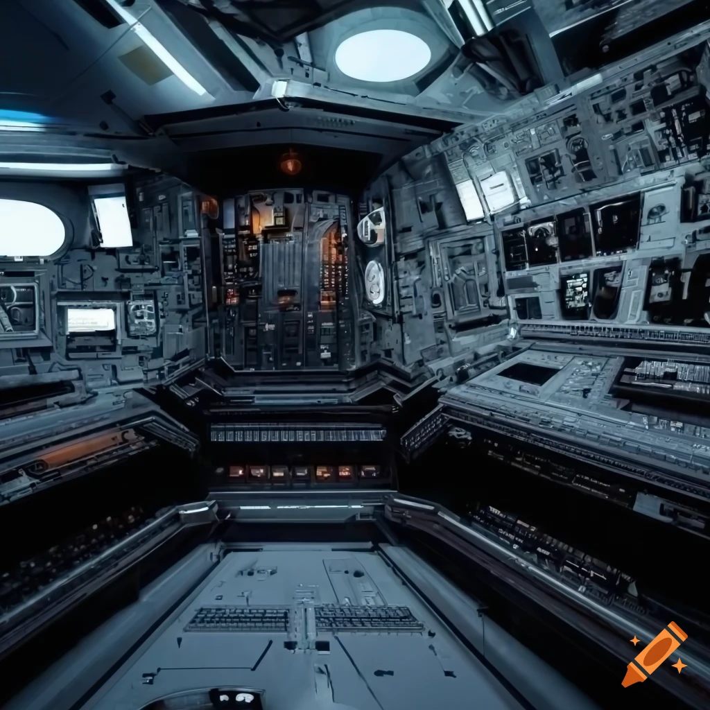 Sci-fi spaceship control room with consoles, seats, screens, and a big ...