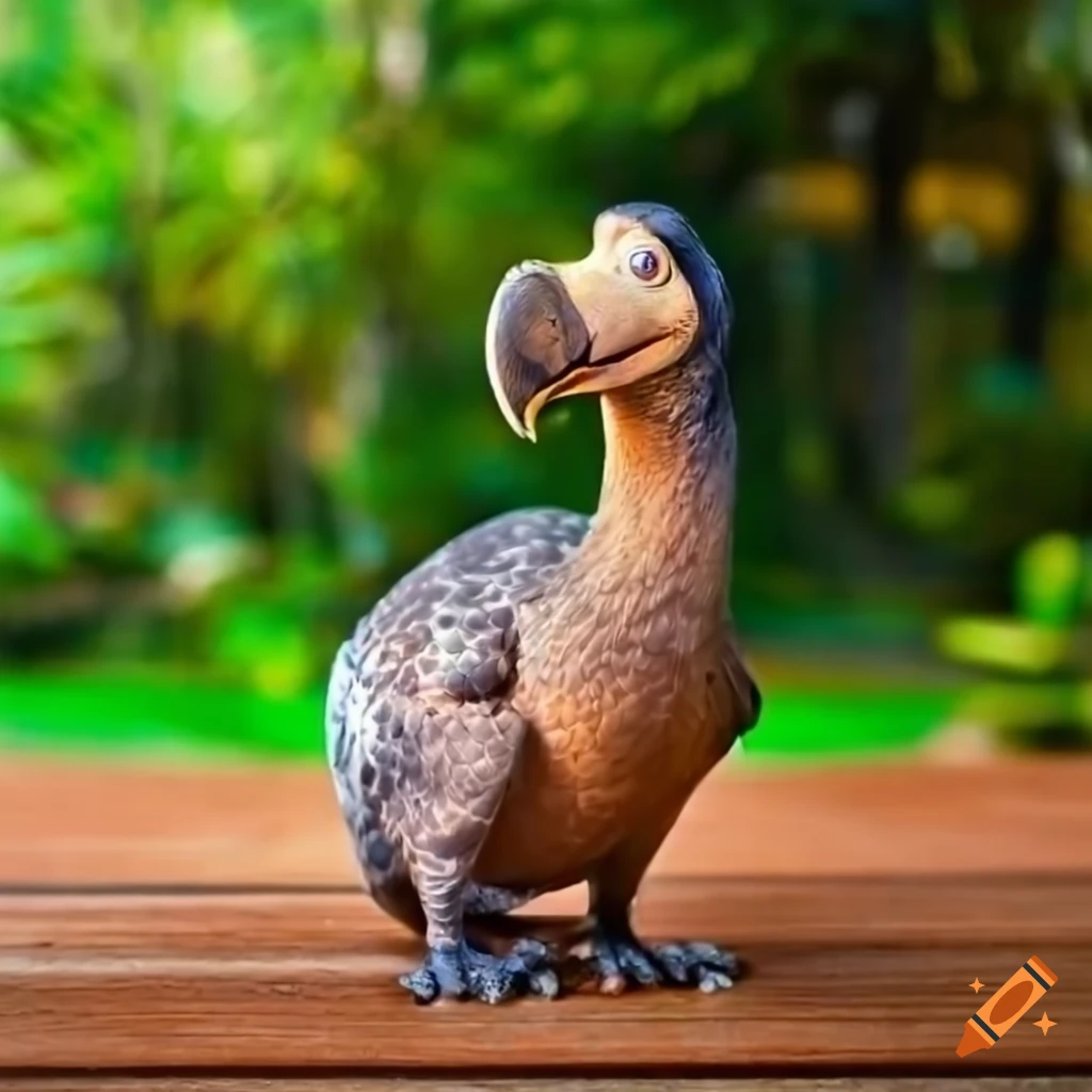 Dodo bird sitting on a wooden floor at a tropical resort on Craiyon