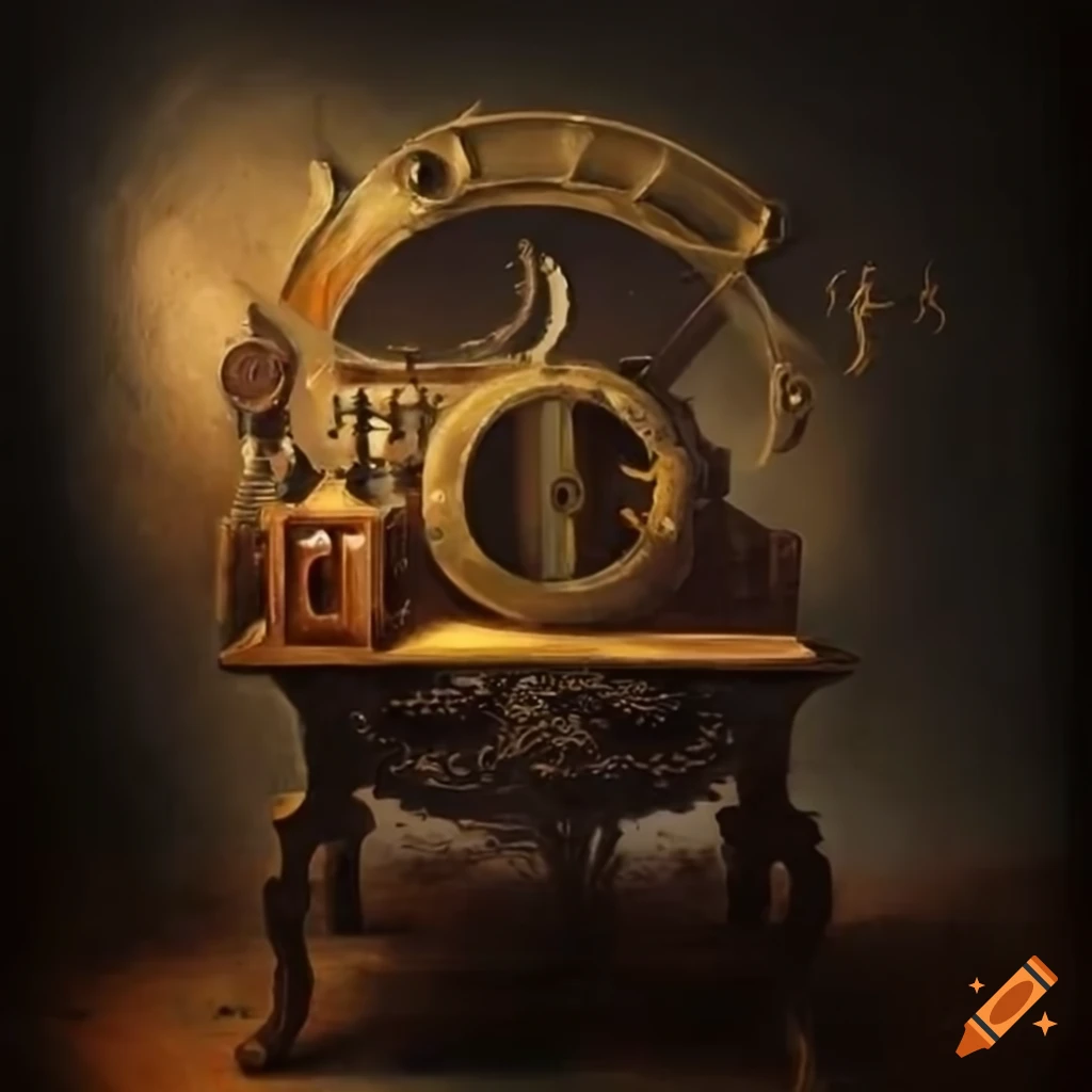 Painting of a mysterious machine with intricate parts and symbols on ...