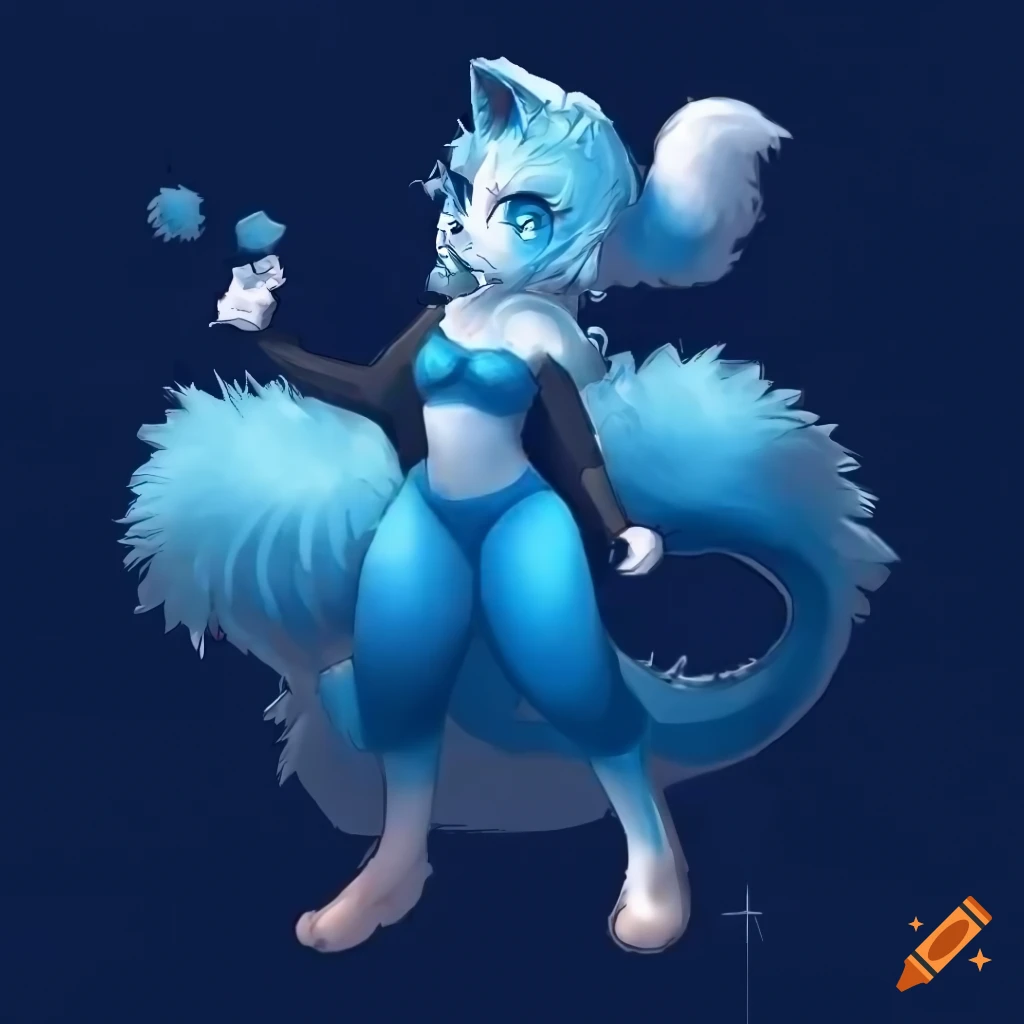 Adorable anthropomorphic thick furry frozen magical cyan fox with big blue eyes on Craiyon