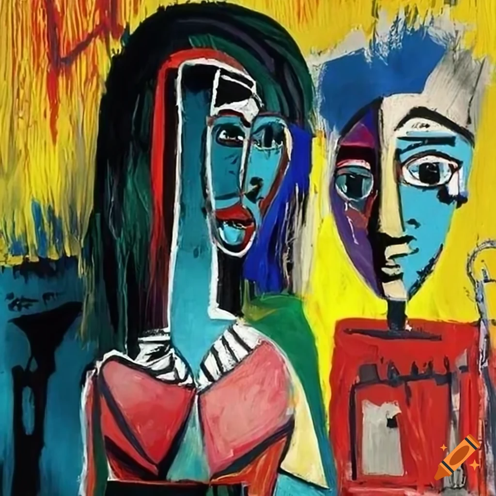 Woman knitting painting by picasso and basquiat on Craiyon