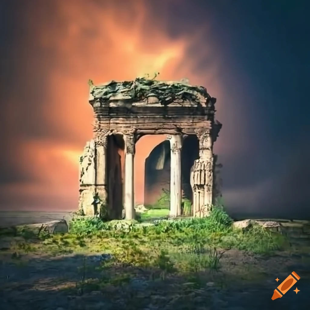 Hebrew tablet inside overgrown ancient roman ruins on Craiyon