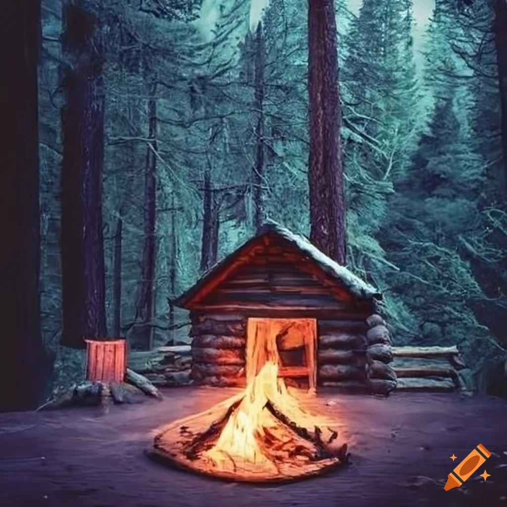 Log cabin in big sur forest with bonfire and food on Craiyon