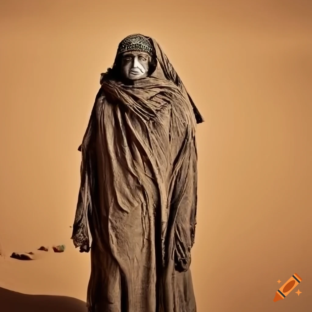 Bandaged mummy with silver mask standing in the desert on Craiyon