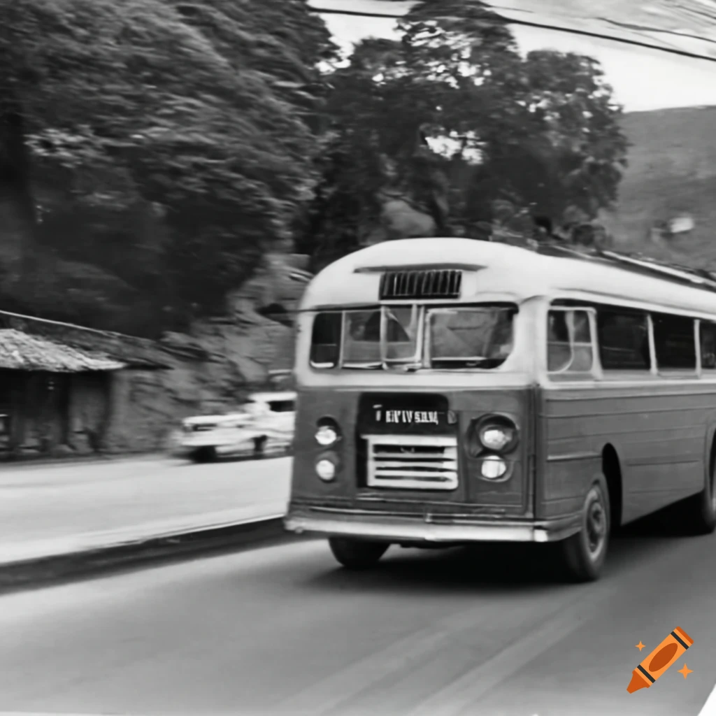 Vintage bus driving through the outskirts of bogota in 1956 on Craiyon