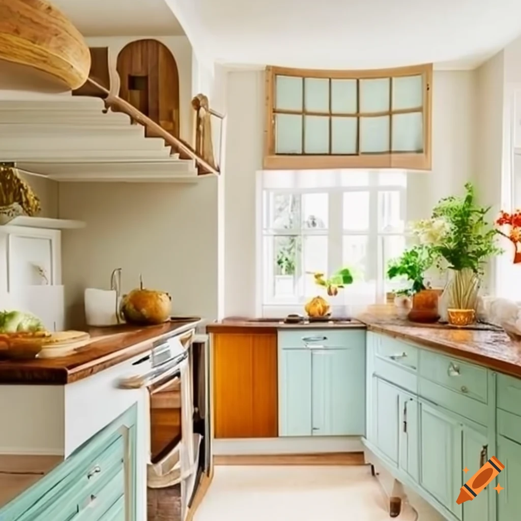 Bright cottagecore english country kitchen with mid-century modern ...