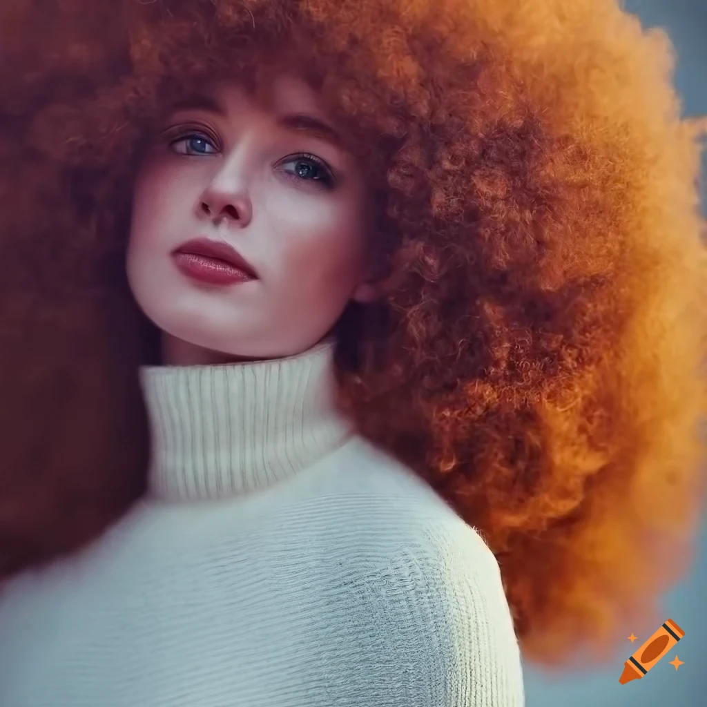 Portrait Of Beautiful Redhead Woman With A Massive Afro And White