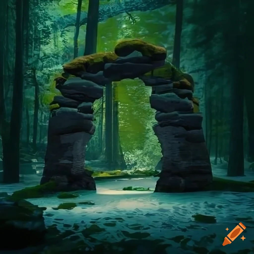 Forest island with a gateway portal made of ancient stone and stunning ...