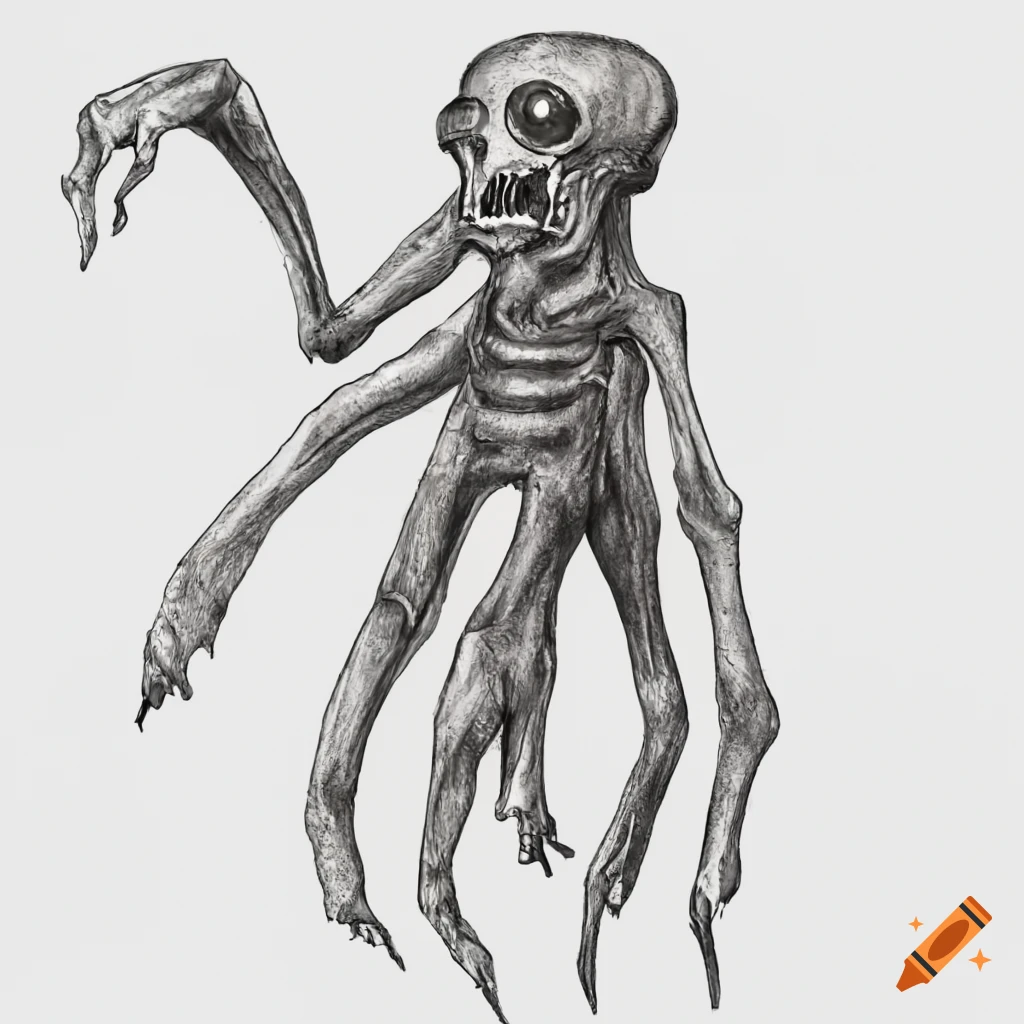Creepy humanoid creature with skeletal body and sharp features on Craiyon