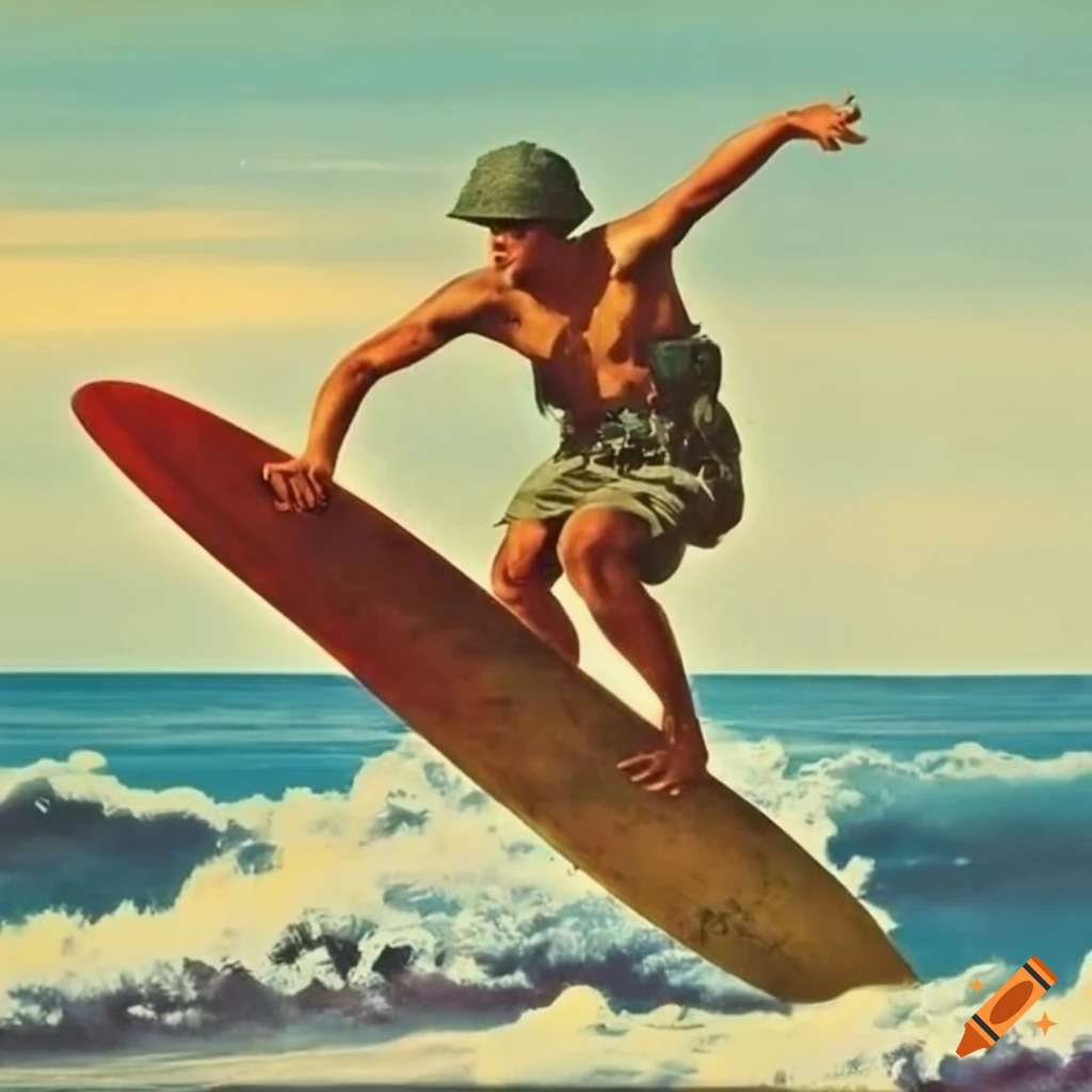 Vintage Hawaiian postcard with a US Army soldier surfing on Craiyon
