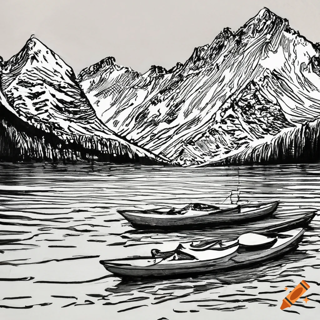 Pen and ink drawing of kayaks on shore of mountain lake with paddles on ...