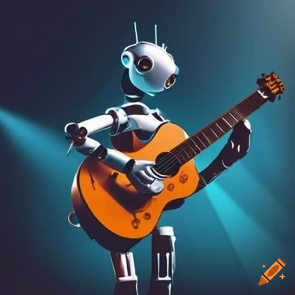 Robot playing guitar on stage on Craiyon