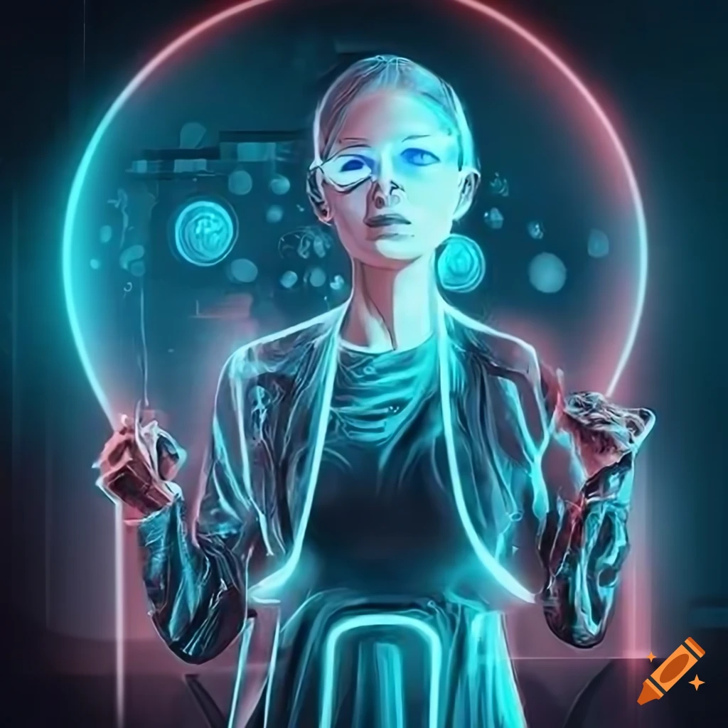 Comic style illustration of a lady scientist with holographic display ...
