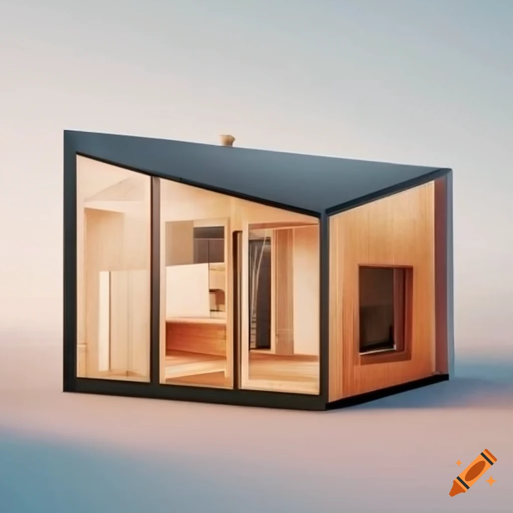 Modern prefabricated small home in an advertising brochure on Craiyon
