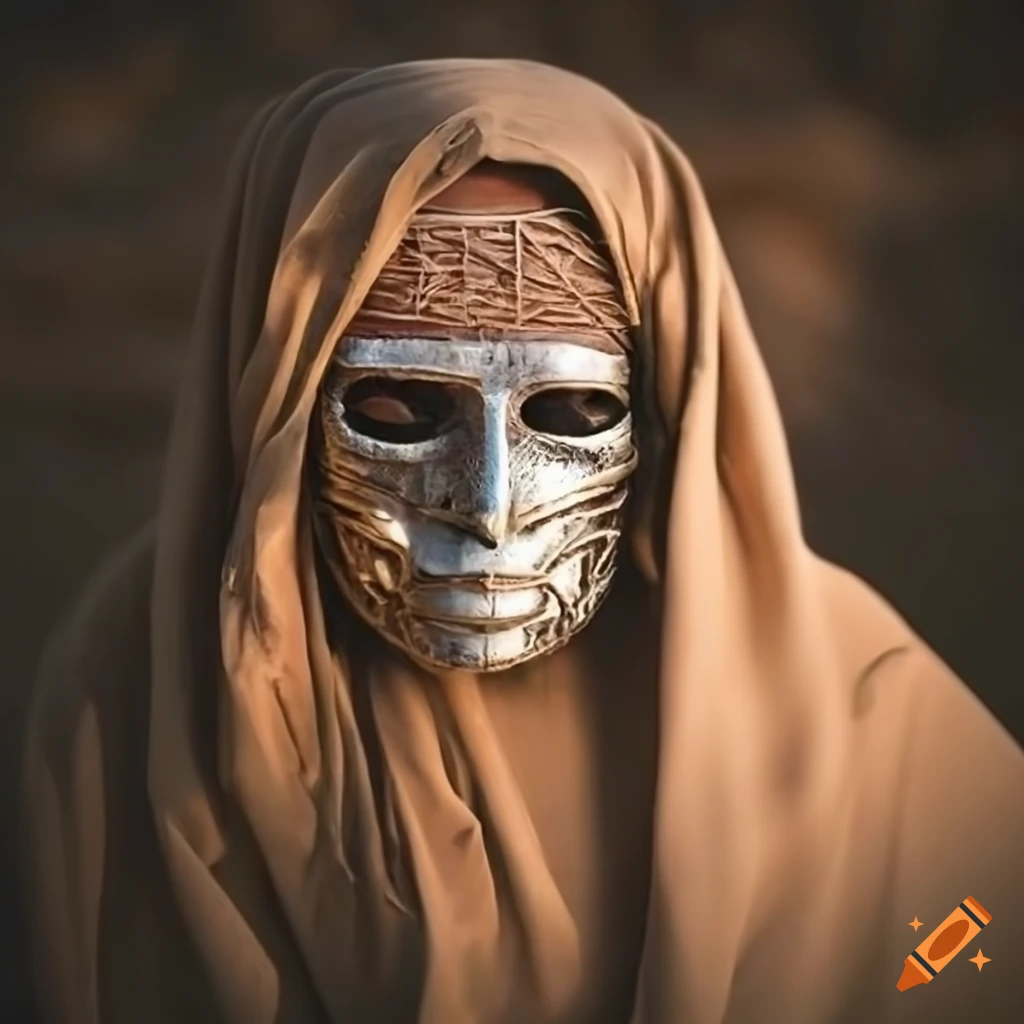 Mummy with engraved silver mask standing in the desert on Craiyon