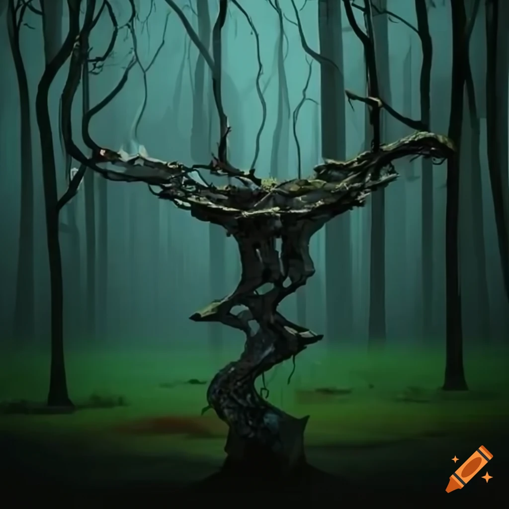 Robotic tree in a dark forest on Craiyon
