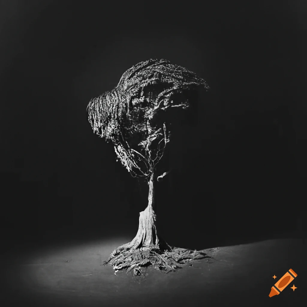 Surreal black and white scene with a small tree growing in a liminal ...