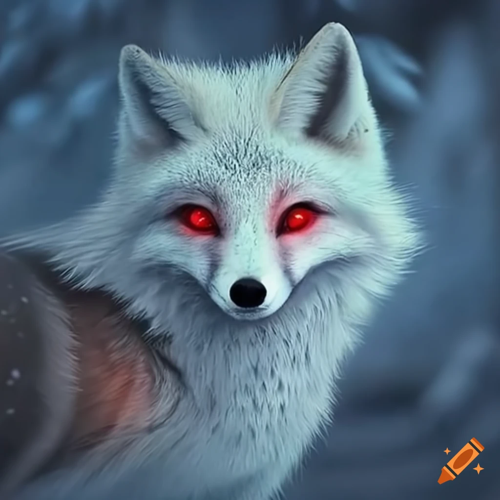 Arctic fox with red glowing eyes in a blizzard on Craiyon