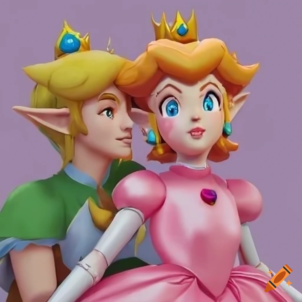 Princess peach and link in pink silk ballgowns posing together on Craiyon