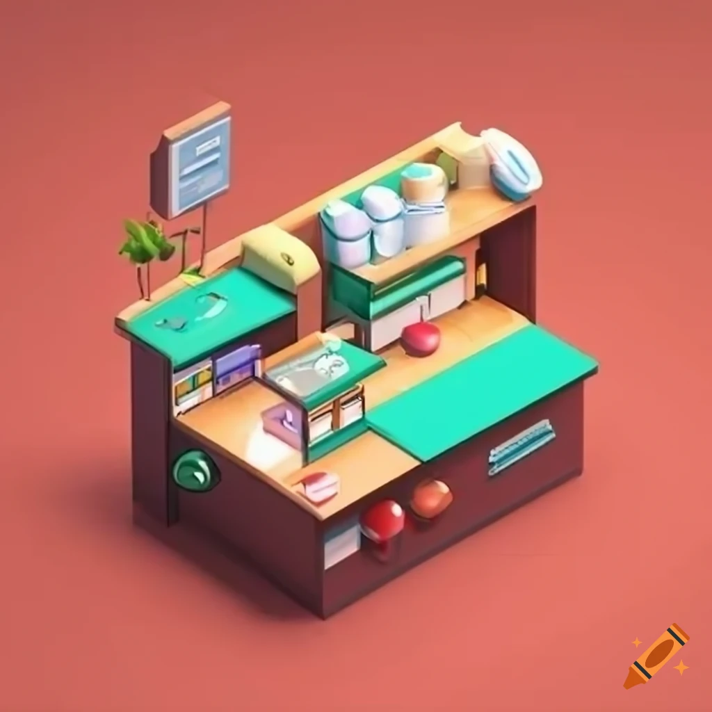 Isometric pharmacy in cartoon style 3d render on Craiyon